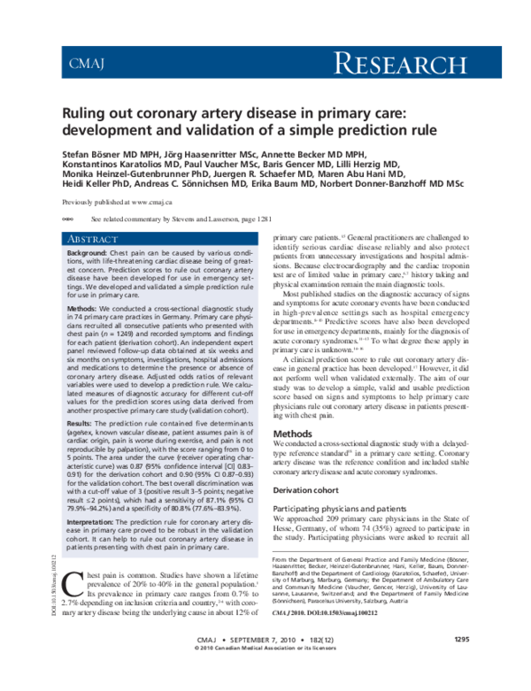 (PDF) Ruling out coronary artery disease in primary care: development and validation of a simple ...
