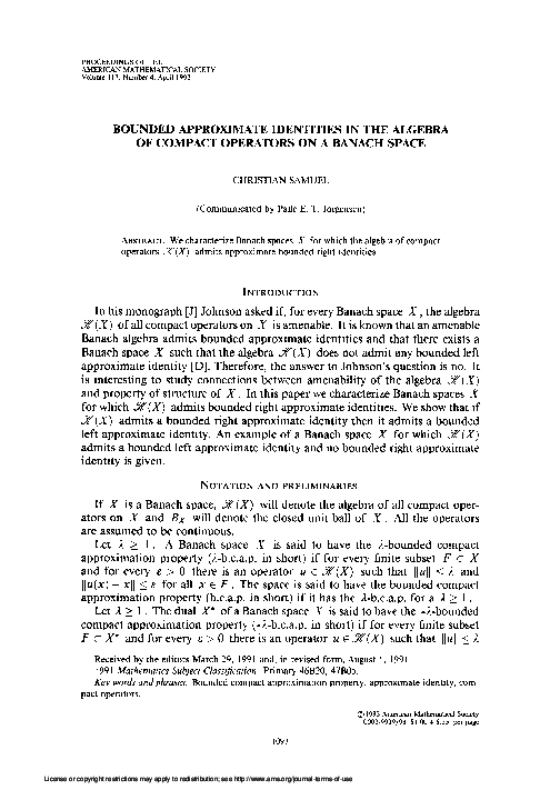 Pdf Bounded Approximate Identities In The Algebra Of Compact