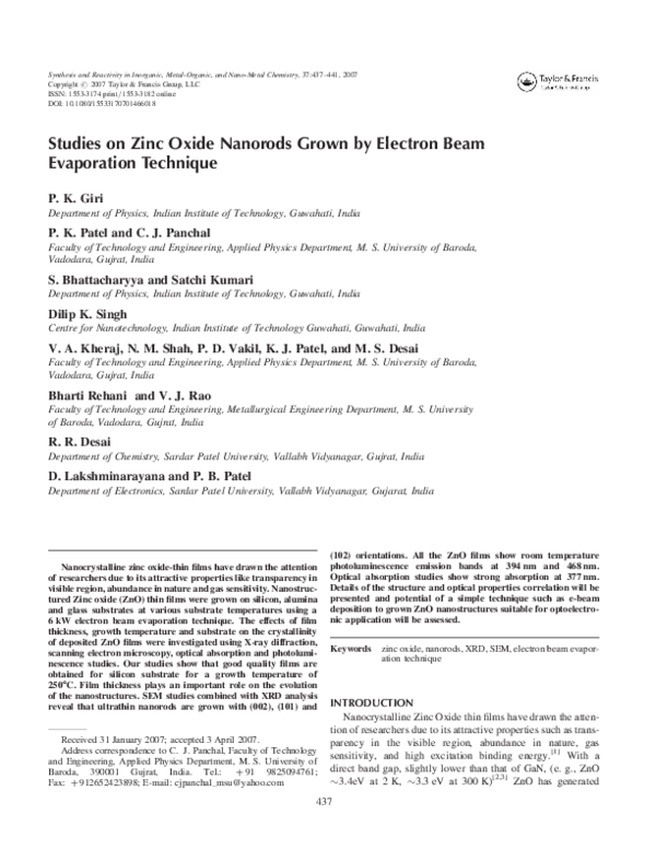(PDF) Studies on Zinc Oxide Nanorods Grown by Electron Beam Evaporation Technique