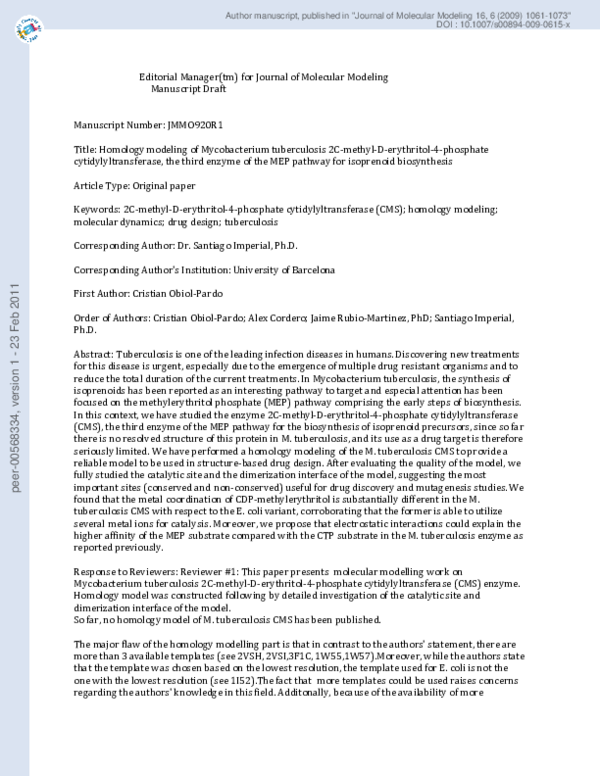 (PDF) Homology modeling of Mycobacterium tuberculosis 2C-methyl- d ...