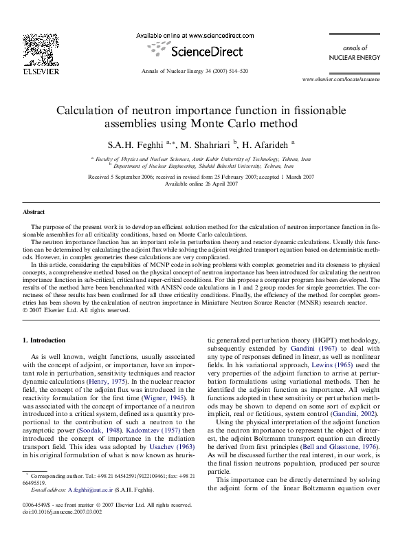 (PDF) Calculation of neutron importance function in fissionable assemblies using Monte Carlo method