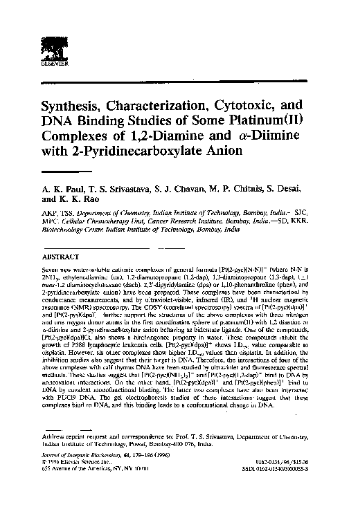 (PDF) Synthesis, characterization, cytotoxic, and DNA binding studies of some platinum(II ...