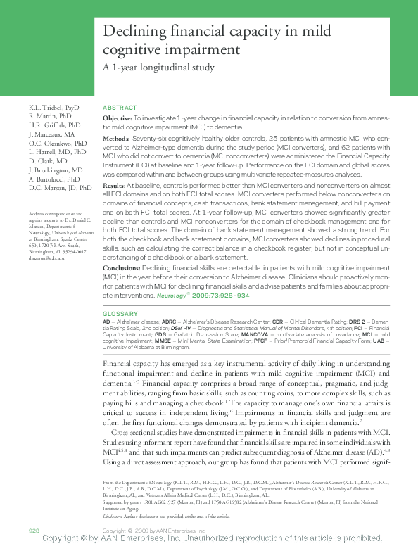 (PDF) Declining financial capacity in mild cognitive impairment: A 1 ...
