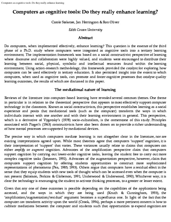 (PDF) Computers as cognitive tools: Do they really enhance learning
