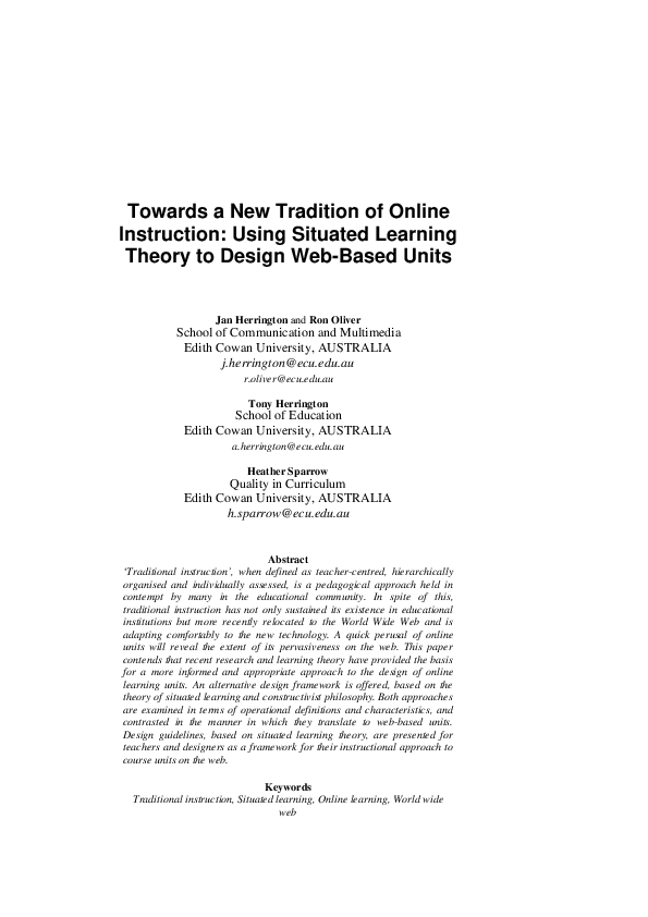 (PDF) Towards a new tradition of online instruction: Using situated learning theory to design ...