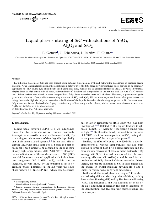 (PDF) Liquid phase sintering of SiC with additions of Y2O3, Al2O3 and SiO2