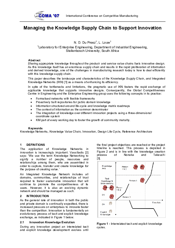 (PDF) Managing the Knowledge Supply Chain to Support Innovation