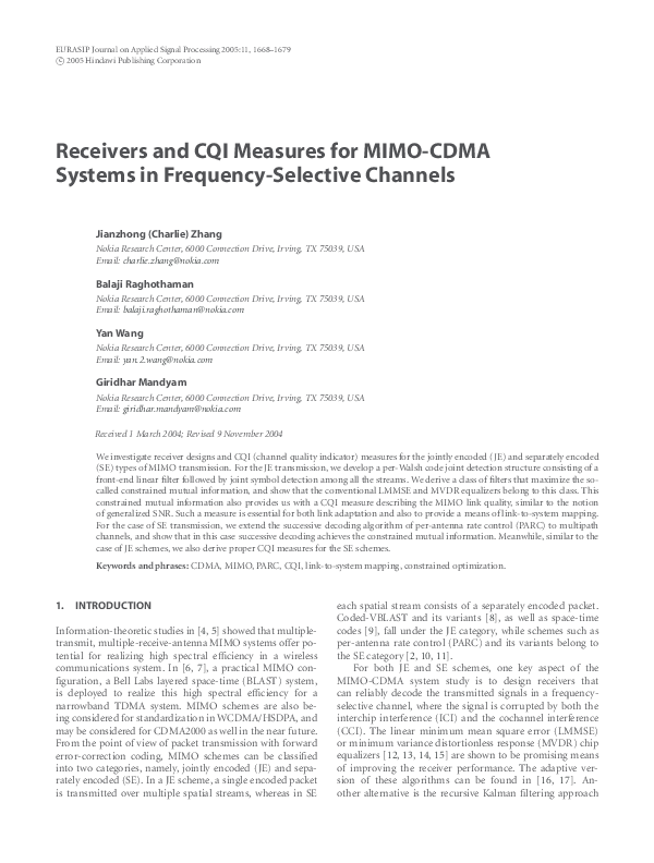 (PDF) Receivers and CQI Measures for MIMO-CDMA Systems in Frequency-Selective Channels