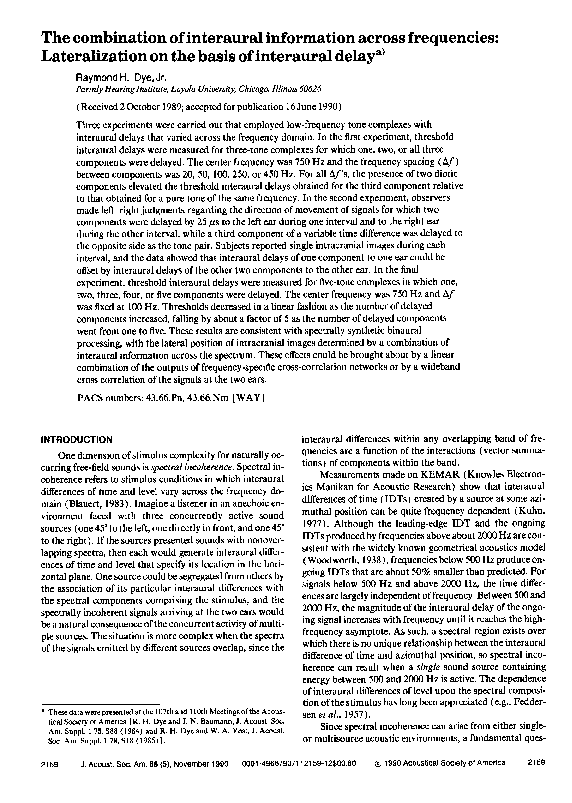 Pdf The Combination Of Interaural Information Across Frequencies Lateralization On The Basis