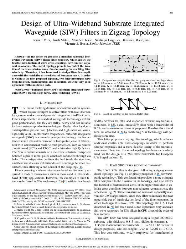 (PDF) Design of Ultra-Wideband Substrate Integrated Waveguide (SIW) Filters in Zigzag Topology
