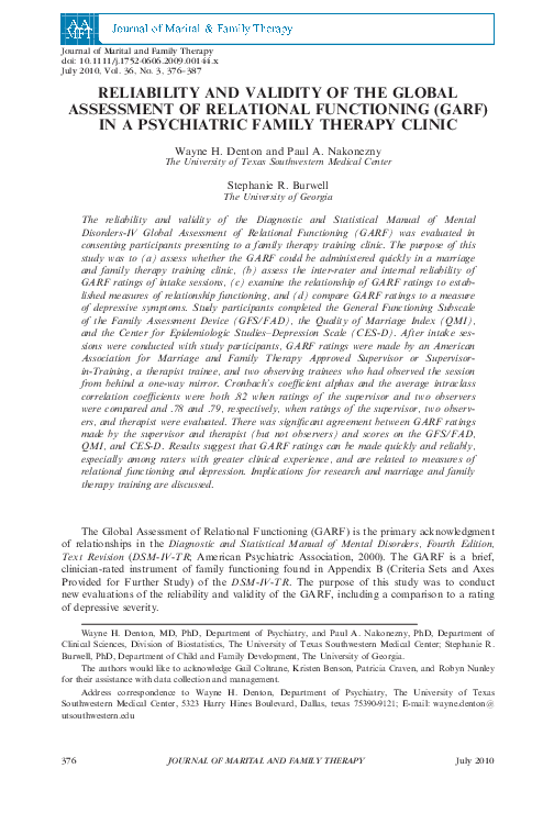 (PDF) Reliability and Validity of the Global Assessment of Relational Functioning (GARF) in a ...