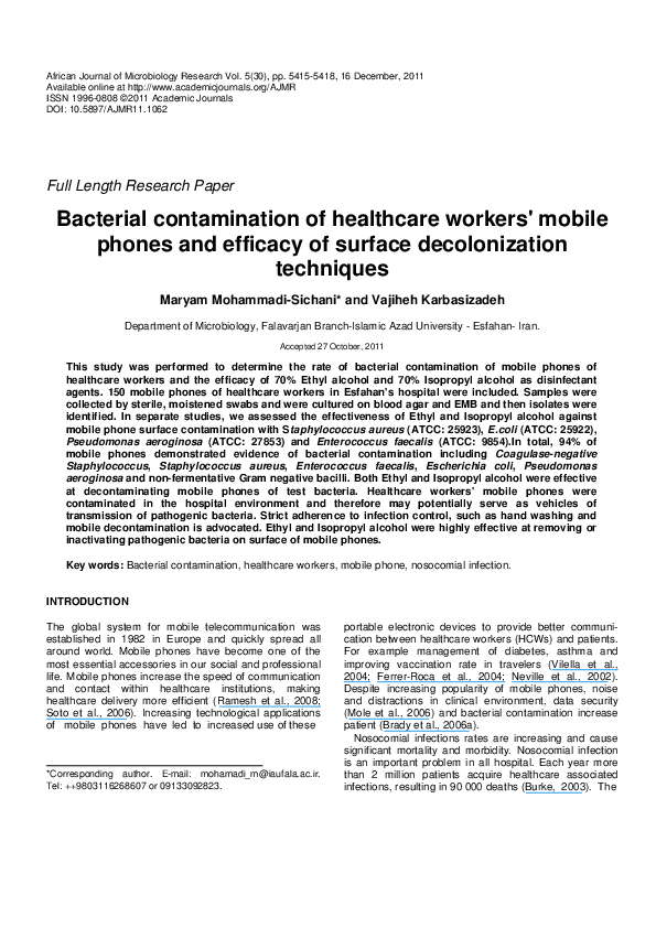 (PDF) Bacterial contamination of healthcare workers' mobile phones and ...