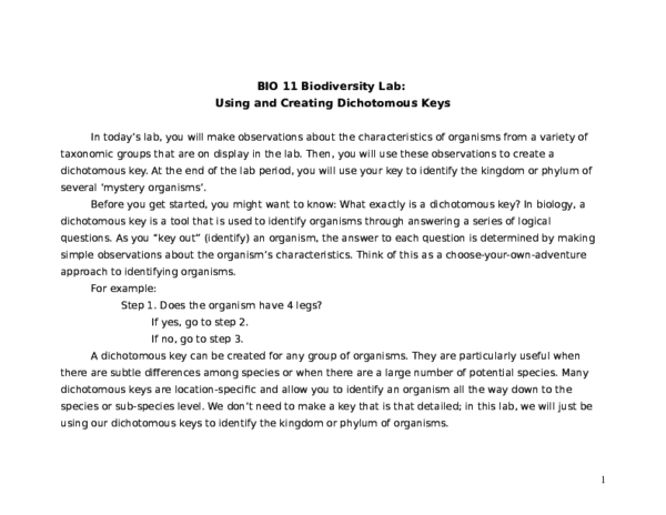 (DOC) BIO 11 Biodiversity Lab: Using and Creating Dichotomous Keys