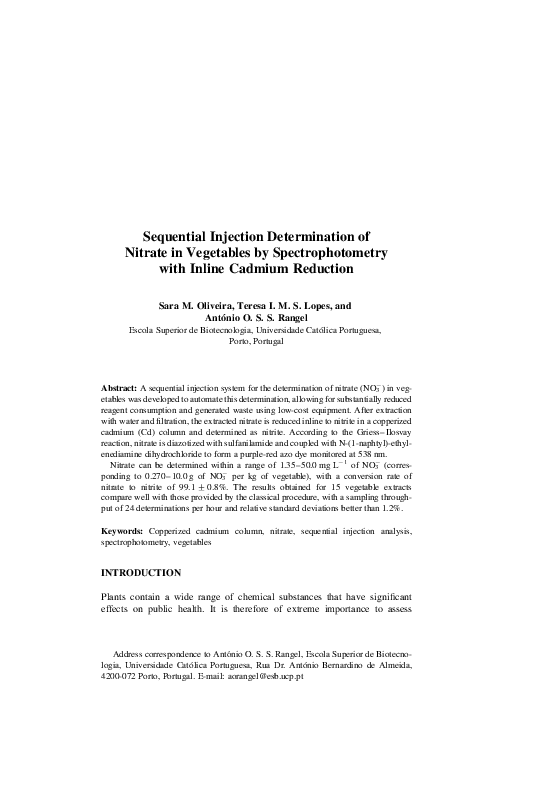 Pdf Sequential Injection Determination Of Nitrate In Vegetables By Spectrophotometry With
