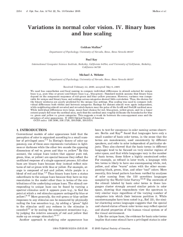 (PDF) Variations in normal color vision. IV. Binary hues and hue scaling