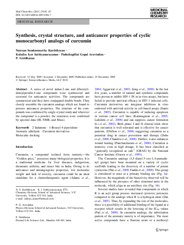 Pdf Synthesis Crystal Structure And Anticancer Properties Of Cyclic Monocarbonyl Analogs Of