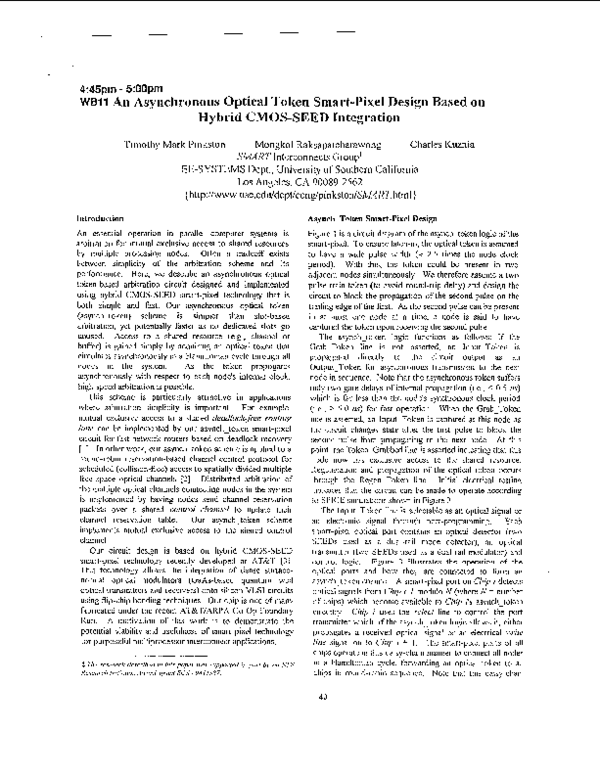(PDF) An asynchronous optical token smart-pixel design based on hybrid CMOS-SEED integration