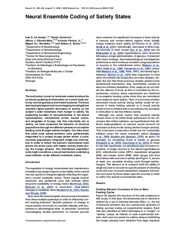 (PDF) Neural Ensemble Coding of Satiety States (PDF) Neural Ensemble Coding of Satiety States