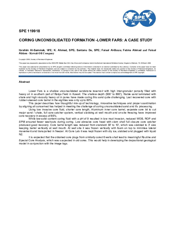 (PDF) Coring Unconsolidated Formation?Lower Fars: A Case Study