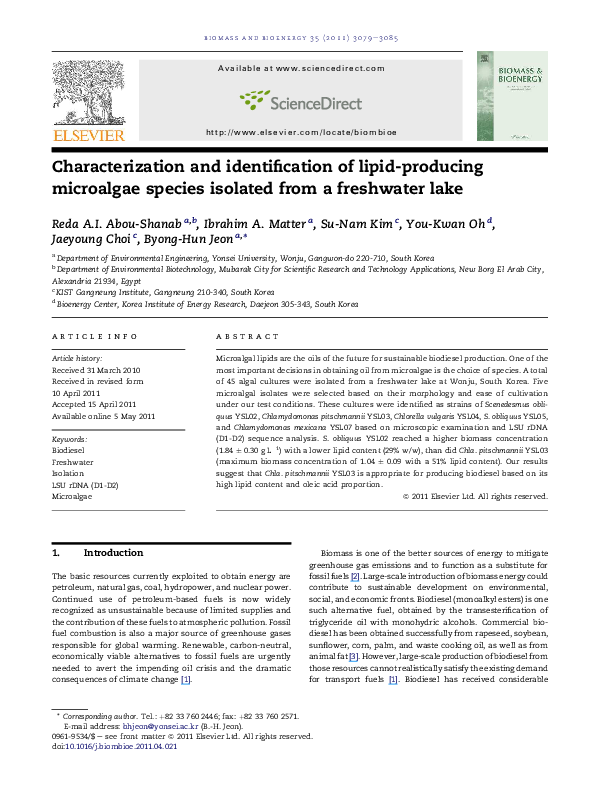 (PDF) Characterization and identification of lipid-producing microalgae species isolated from a ...