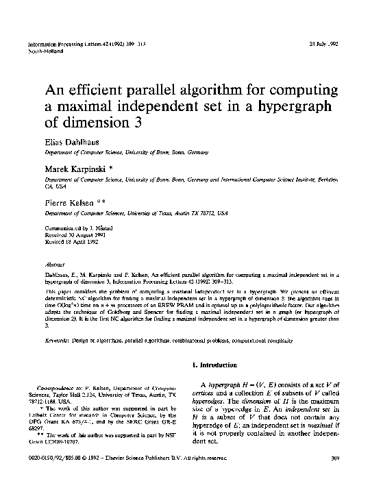 (PDF) An efficient parallel algorithm for computing a maximal independent set in a hypergraph of ...