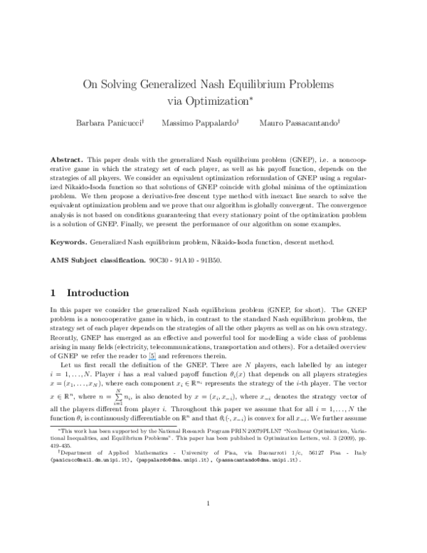 Pdf On Solving Generalized Nash Equilibrium Problems Via Optimization 