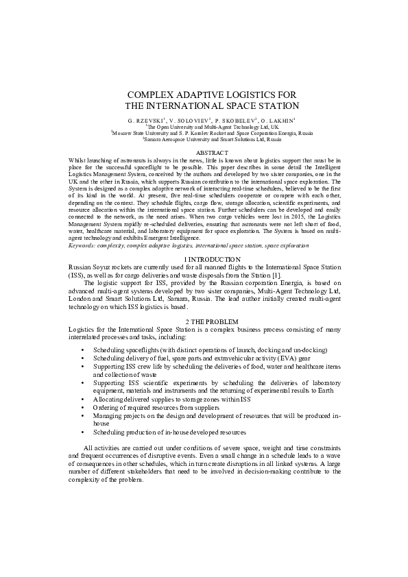 (PDF) COMPLEX ADAPTIVE LOGISTICS FOR THE INTERNATIONAL SPACE STATION ...