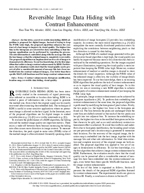 (PDF) Reversible Image Data Hiding with Contrast Enhancement