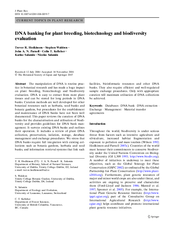 (PDF) DNA banking for plant breeding, biotechnology and biodiversity ...