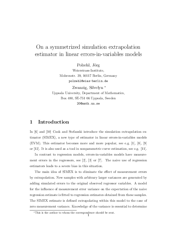 (PDF) On a symmetrized simulation extrapolation estimator in linear errors-in-variables models