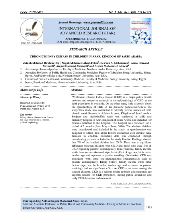 (PDF) CHRONIC KIDNEY DISEASE IN CHILDREN IN ARAR, KINGDOM OF SAUDI ...