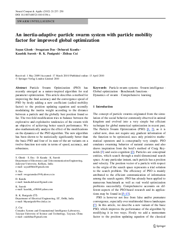(PDF) An inertia-adaptive particle swarm system with particle mobility factor for improved ...