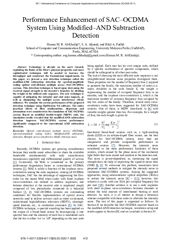 Pdf Performance Enhancement Of Sac Ocdma System Using Modified And Subtraction Detection