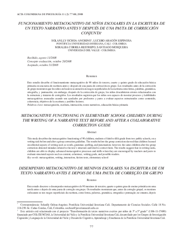 (PDF) Metacognitive Functioning in Elementary School Children During ...