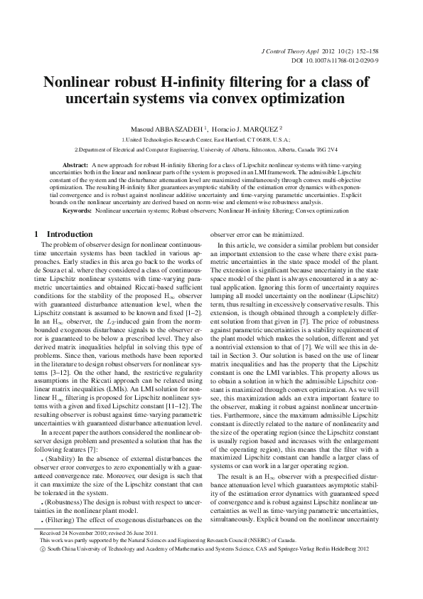 Pdf Nonlinear Robust H Infinity Filtering For A Class Of Uncertain Systems Via Convex Optimization