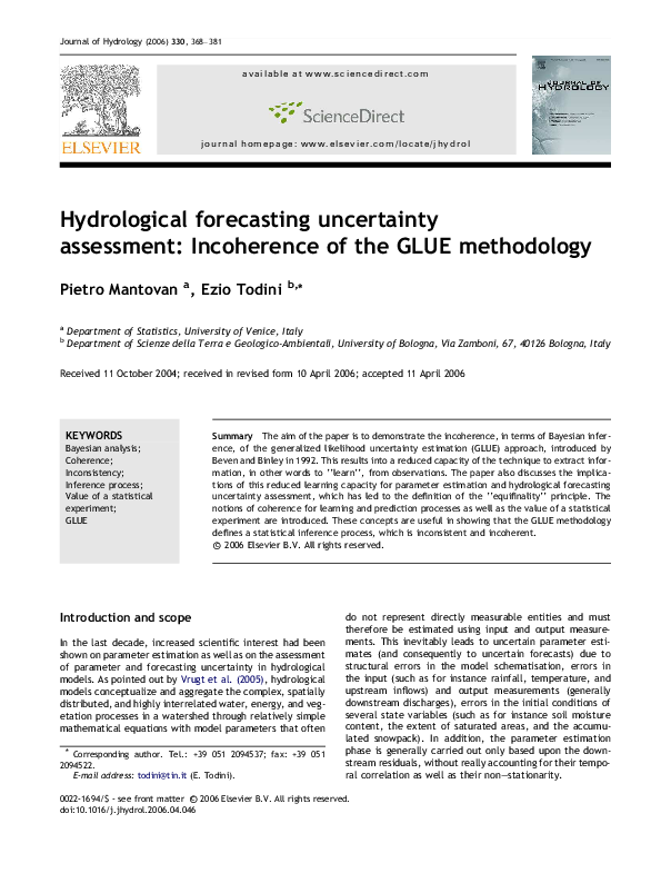 (PDF) Hydrological forecasting uncertainty assessment: Incoherence of the GLUE methodology