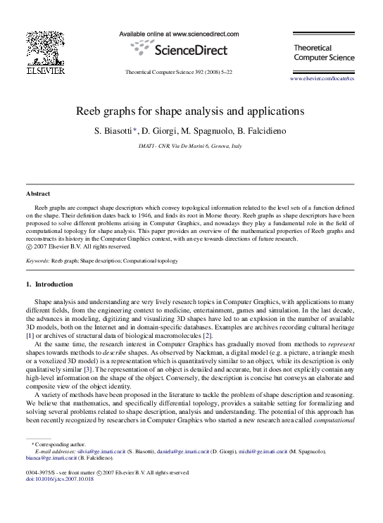 (PDF) Reeb graphs for shape analysis and applications