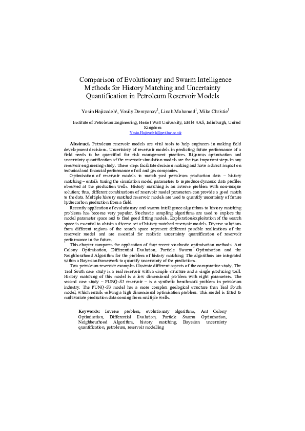 (PDF) Comparison of Evolutionary and Swarm Intelligence Methods for History Matching and ...
