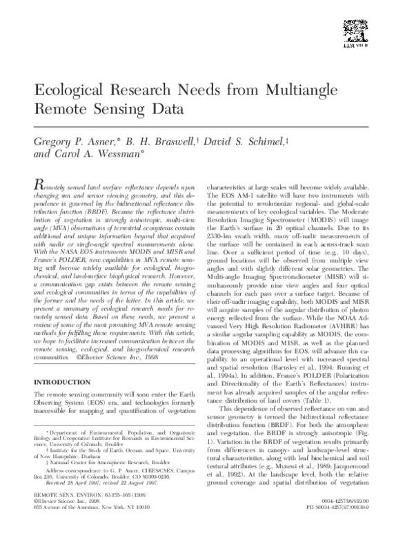 (PDF) Ecological Research Needs from Multiangle Remote Sensing Data