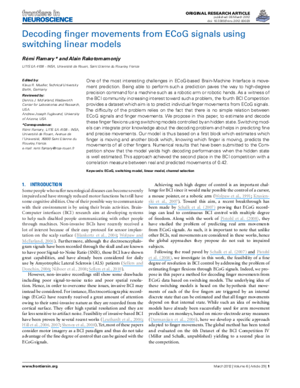 Pdf Decoding Finger Movements From Ecog Signals Using Switching Linear Models