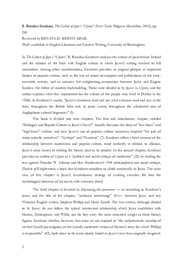 (PDF) Review: R B Kershner's "The Culture of Joyce's Ulysses ...