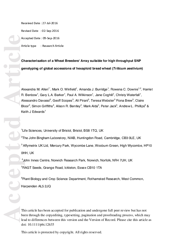 Pdf Characterisation Of A Wheat Breeders Array Suitable For High