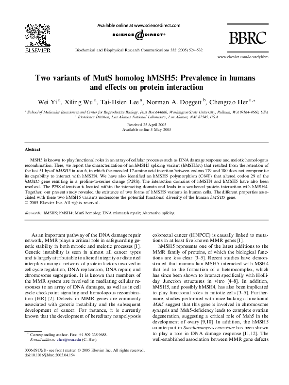 (PDF) Two variants of MutS homolog hMSH5: Prevalence in humans and ...
