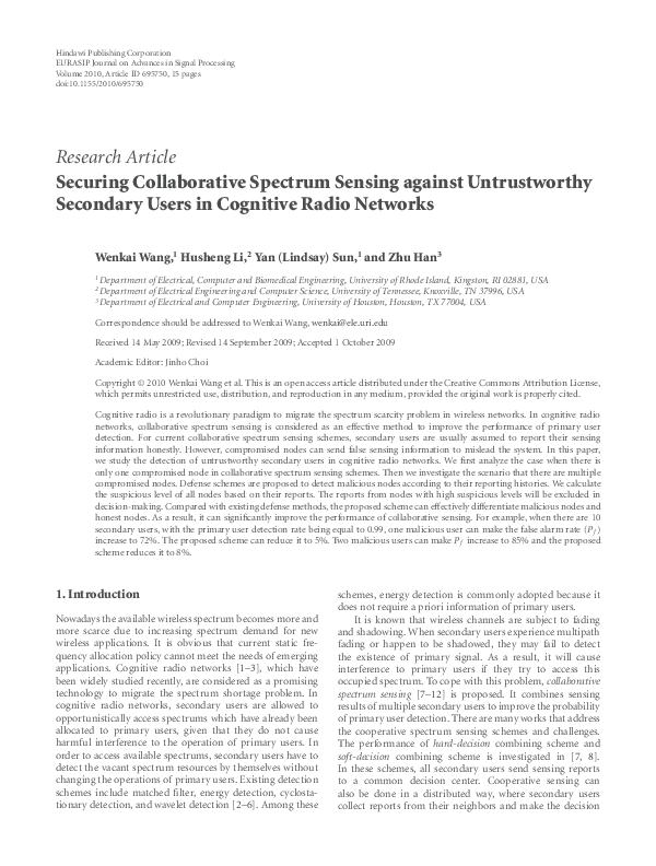 Pdf Securing Collaborative Spectrum Sensing Against Untrustworthy Secondary Users In Cognitive