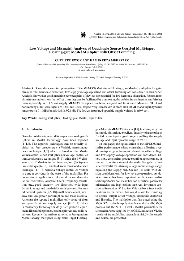 Pdf Low Voltage And Mismatch Analysis Of Quadruple Source Coupled Multi Input Floating Gate
