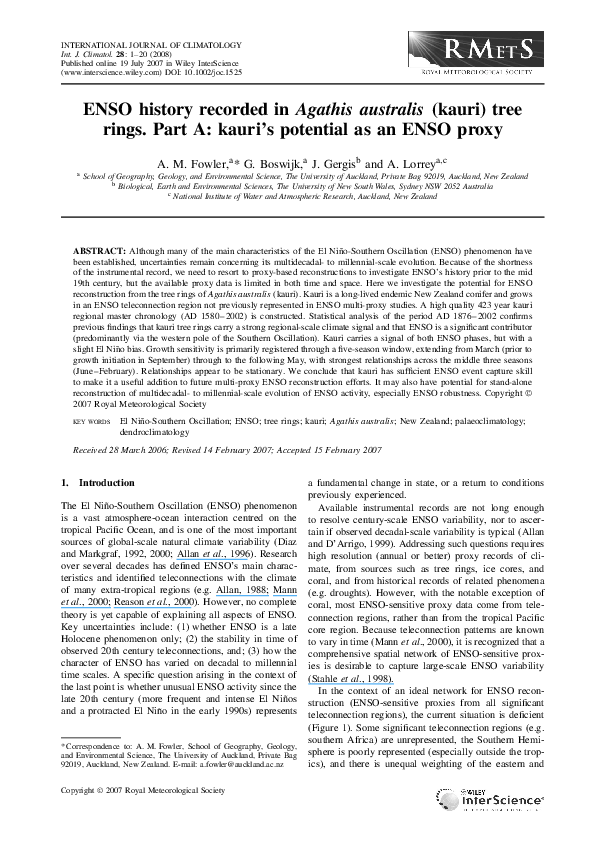 (PDF) ENSO history recorded inAgathis australis (kauri) tree rings ...