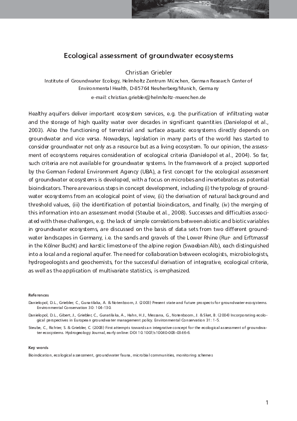 (PDF) Ecological assessment of groundwater ecosystems