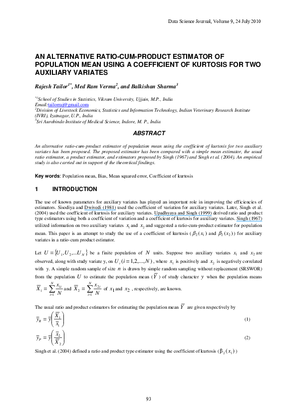 Pdf An Alternative Ratio Cum Product Estimator Of Population Mean Using A Coefficient Of