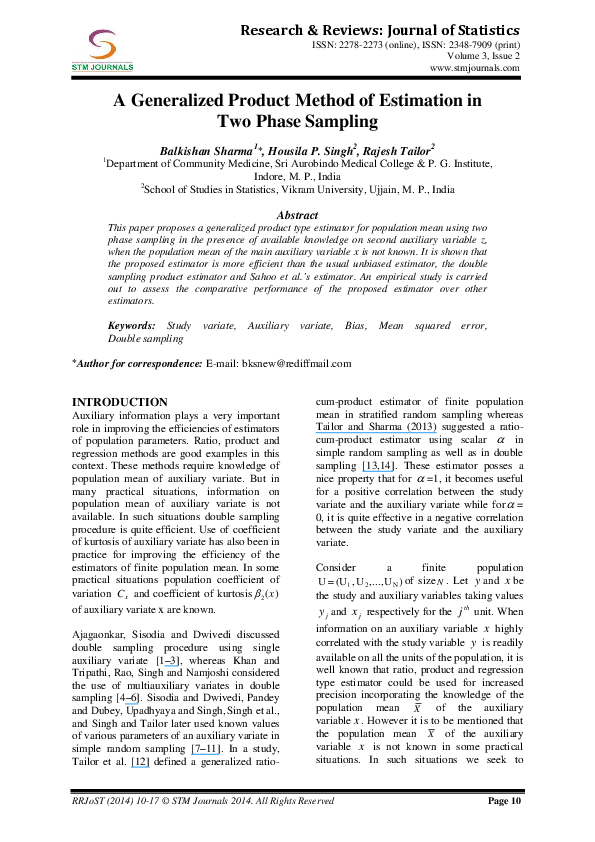 (PDF) A Generalized Product Method of Estimation in Two Phase Sampling
