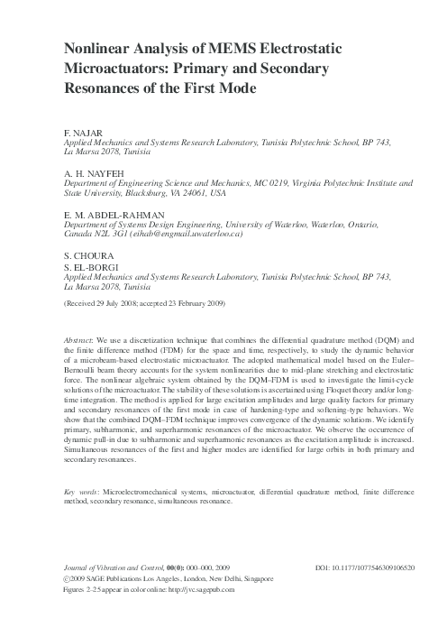 Pdf Nonlinear Analysis Of Mems Electrostatic Microactuators Primary And Secondary Resonances